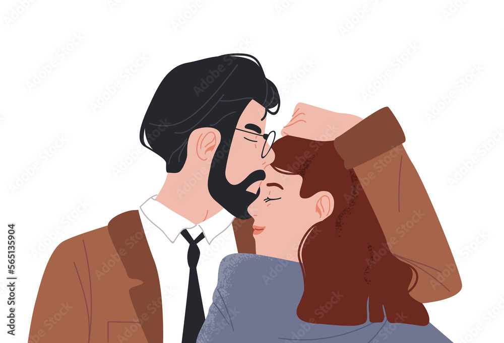 Young adult couple kissing, flat cartoon characters of man and woman ...