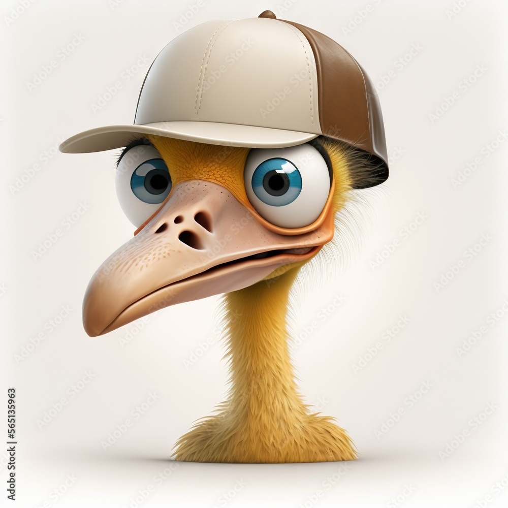 a cartoon emu wearing a baseball cap and looking angry with a sad look ...