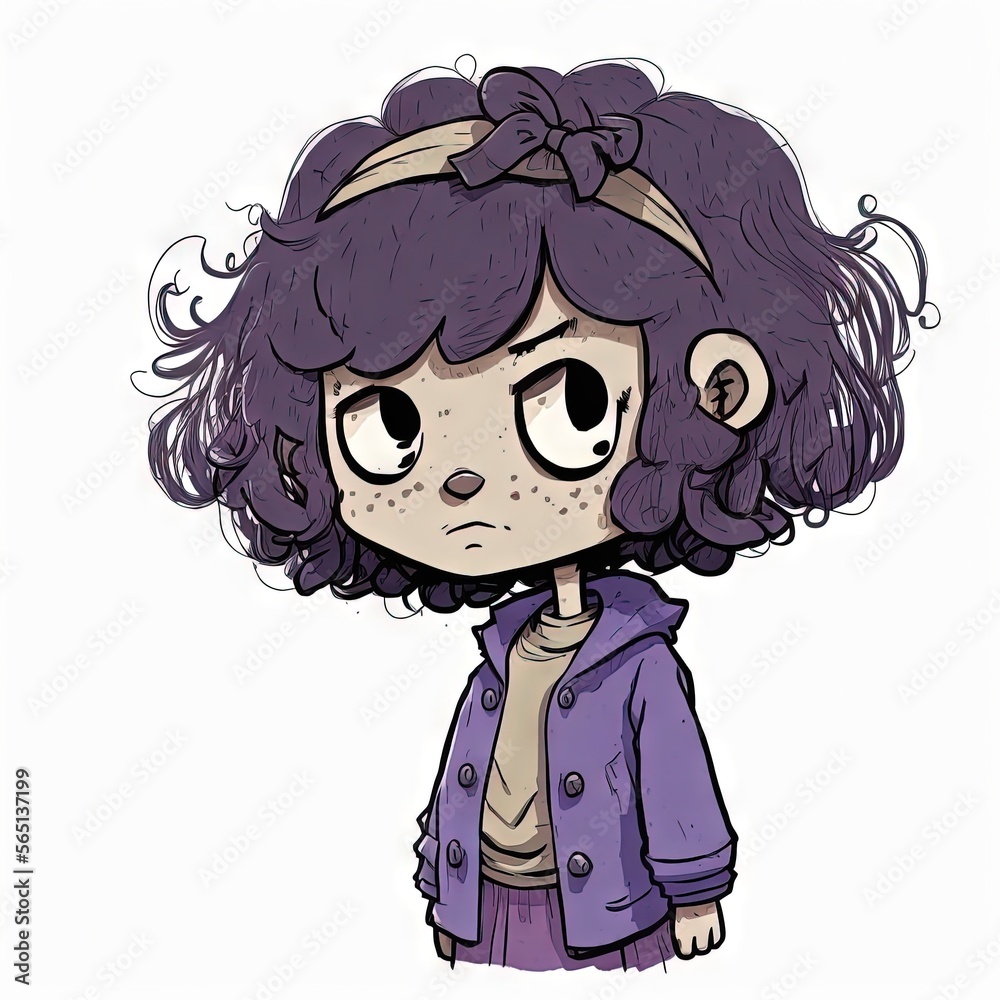 a cartoon character with a purple hair and a purple jacket on, with a ...