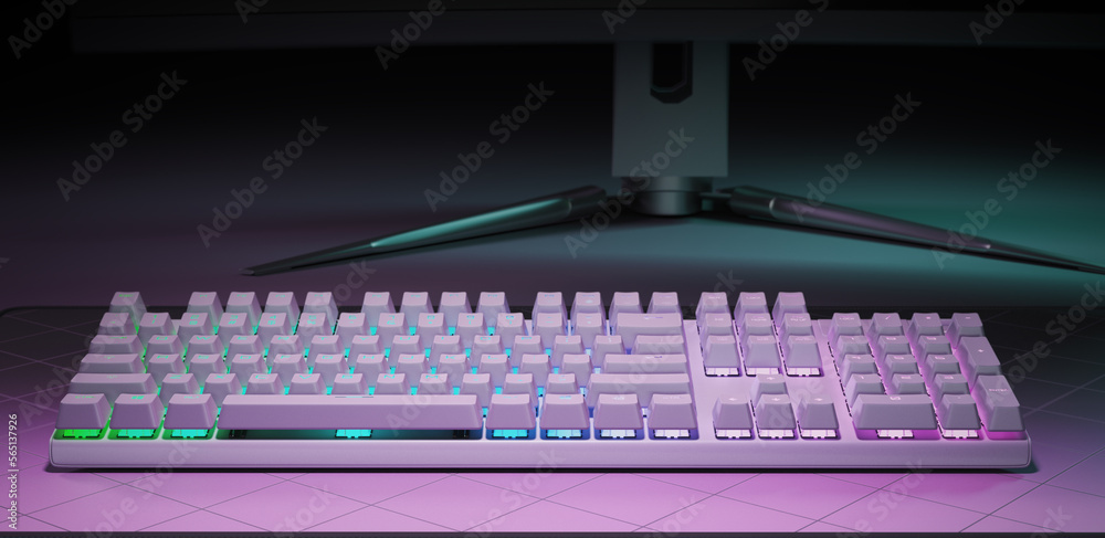 Computer Gaming PC keyboard neon light Futuristic modern workplace 3d ...