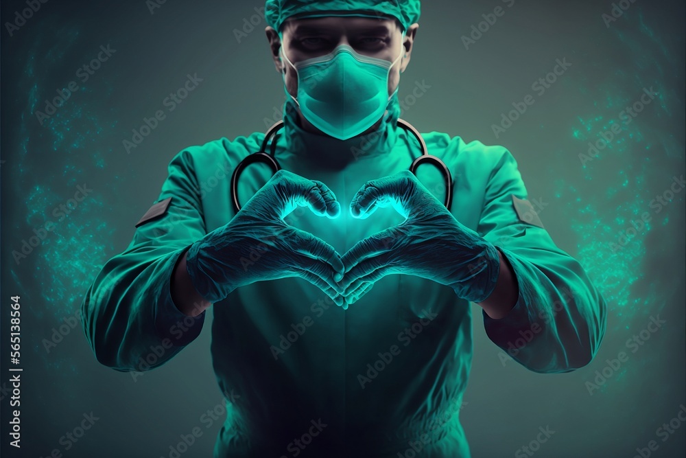 The blue-green uniform of the male doctor features a heart-shaped hands ...