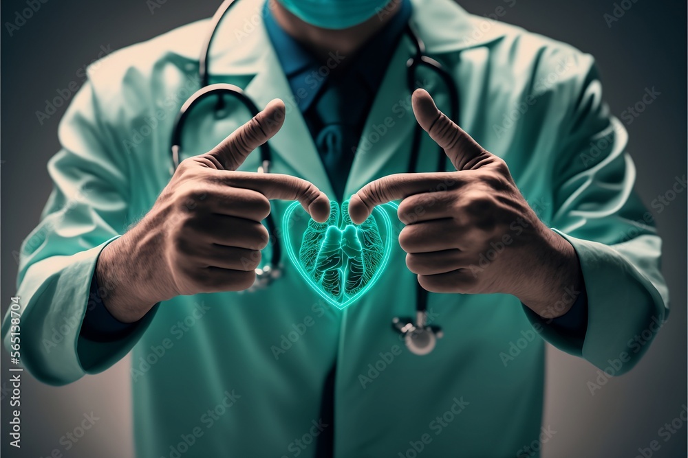 The blue-green uniform of the male doctor features a heart-shaped hands ...