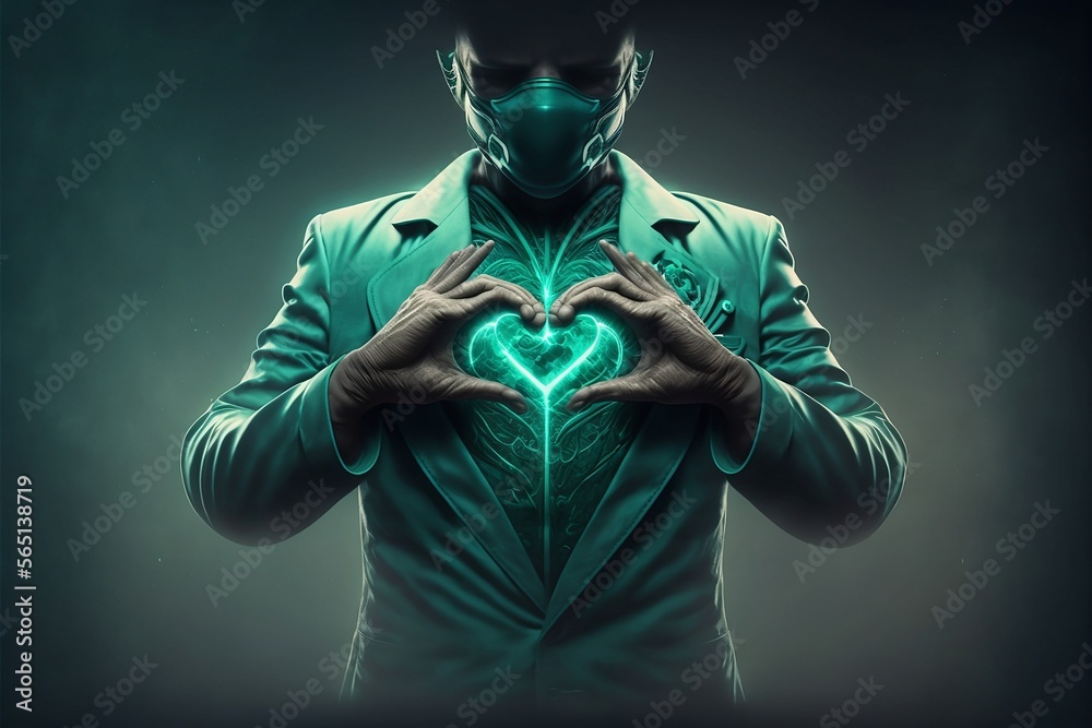 The blue-green uniform of the male doctor features a heart-shaped hands ...