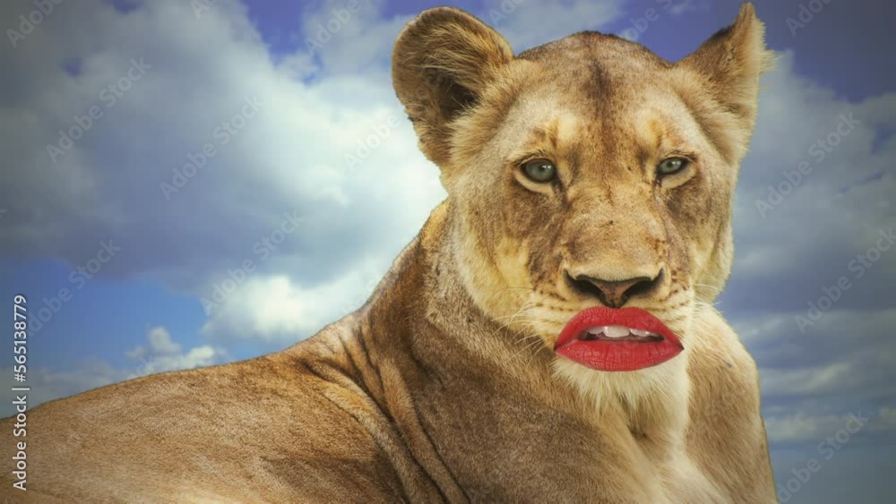 Lion Talking Funny Mouth Lips Eyes Cloudy Sky Background. Female lion ...
