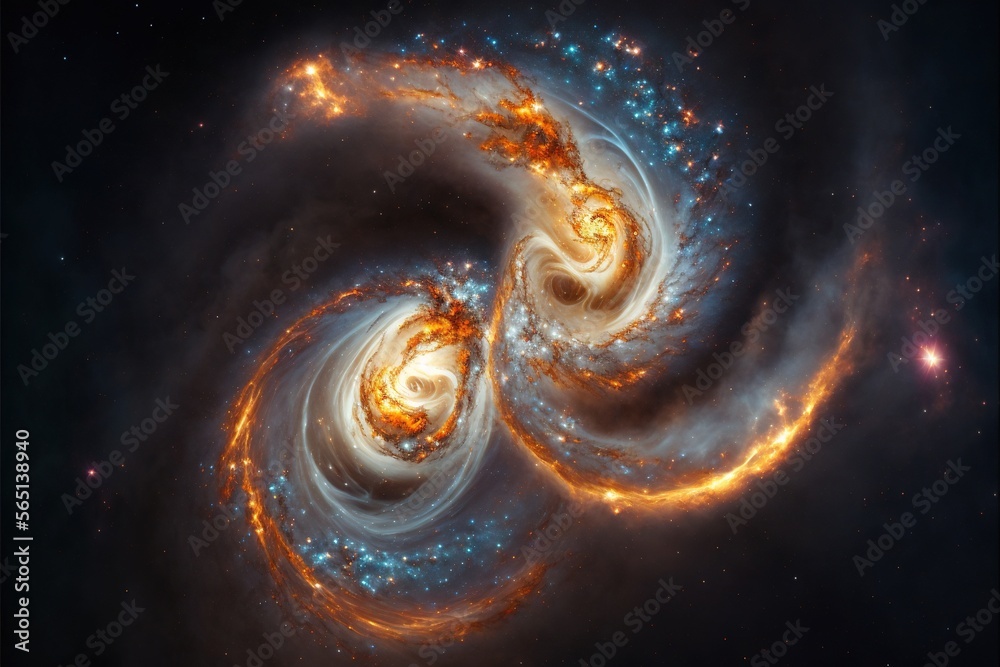 two spirally shaped objects in the sky with stars around them, in the ...