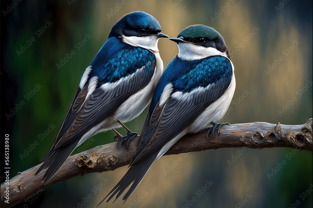 two birds sitting on a branch with a blurry background behind them, one ...