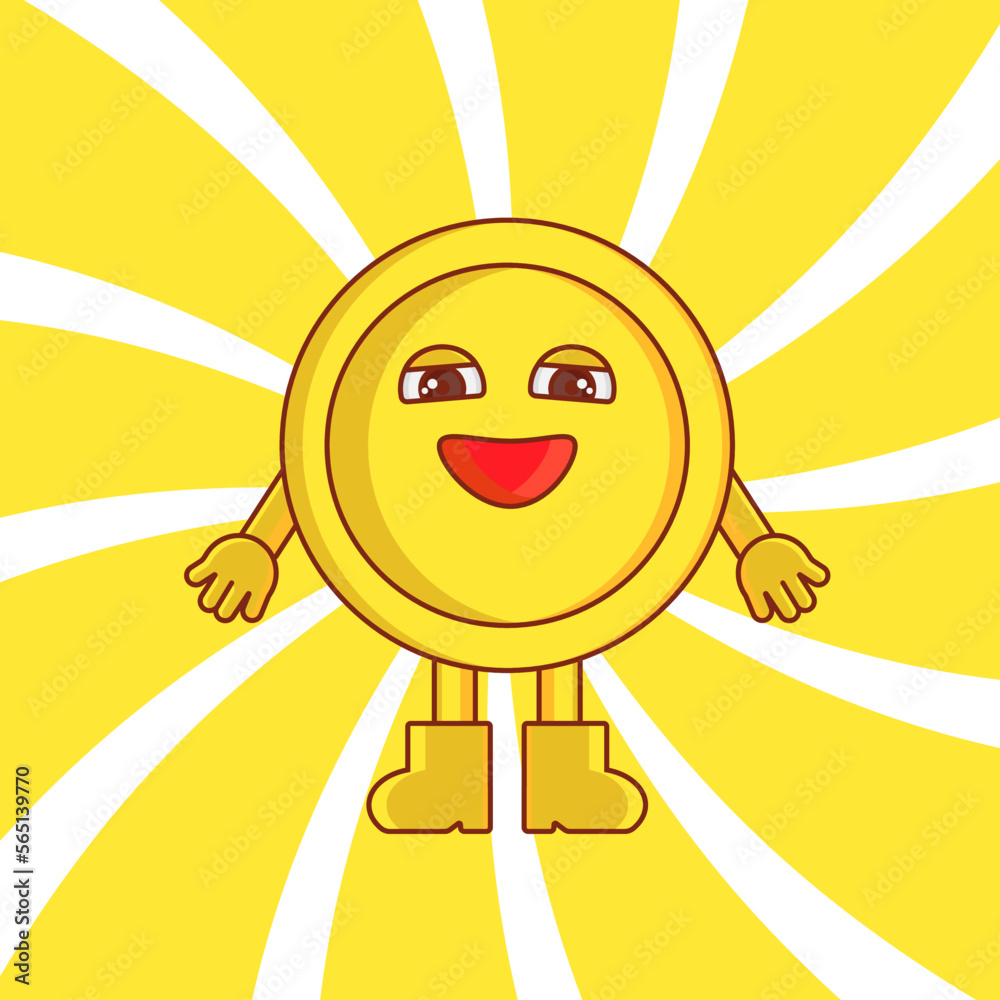 Cartoon happy coin on a background with rays vector illustration ...