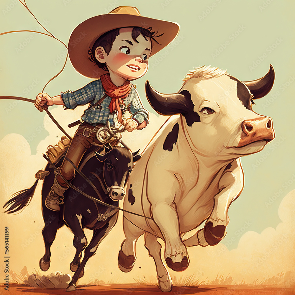 a cartoon of a cowboy riding a bull in the desert with a lasso on his ...
