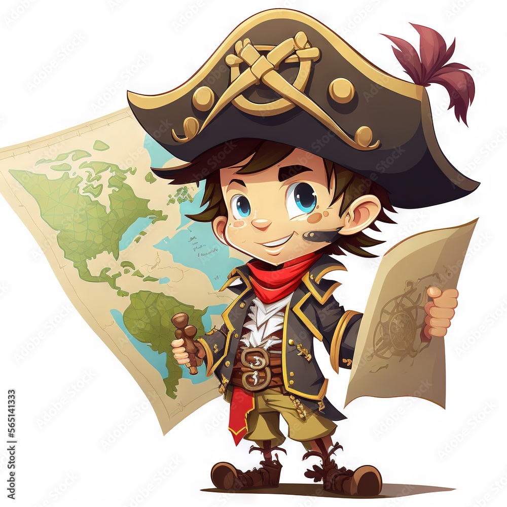 a cartoon pirate holding a map and a compass in his hand and pointing ...