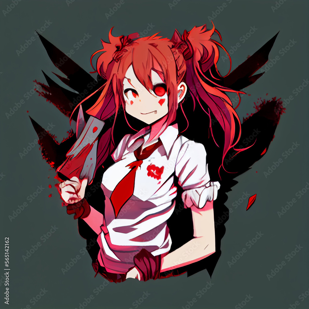 The crazy demon girl presents her hands pistols to temples, smiling ...