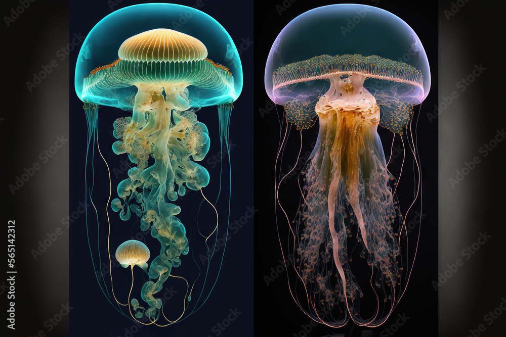two jellyfishs are shown in different colors and sizes, one is yellow ...