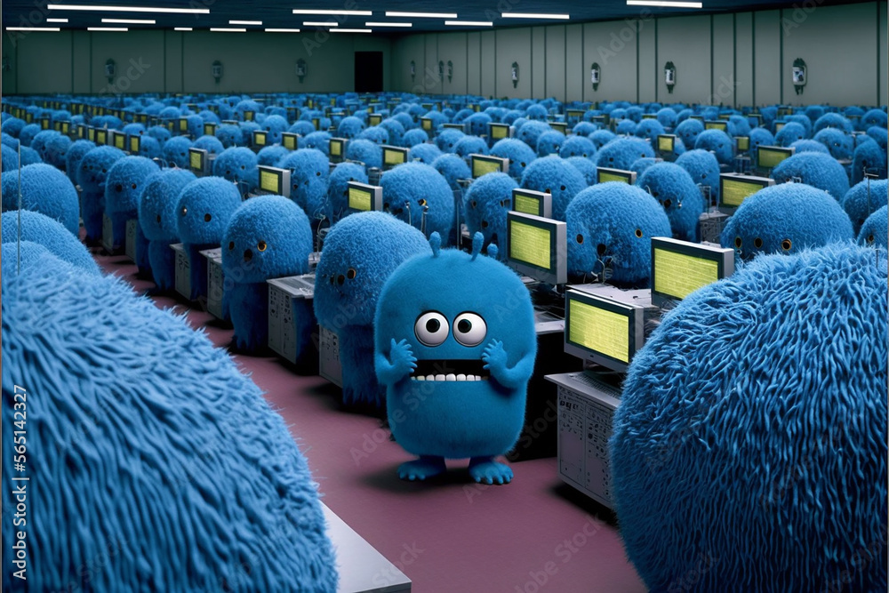 Blue monsters in an old computer office, working hard. AI generated ...