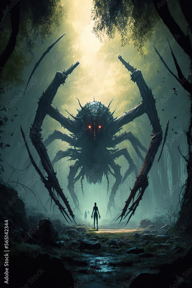 A Giant Spider Crawling Through A Forest Filled With Trees Concept Art Illustration Stock