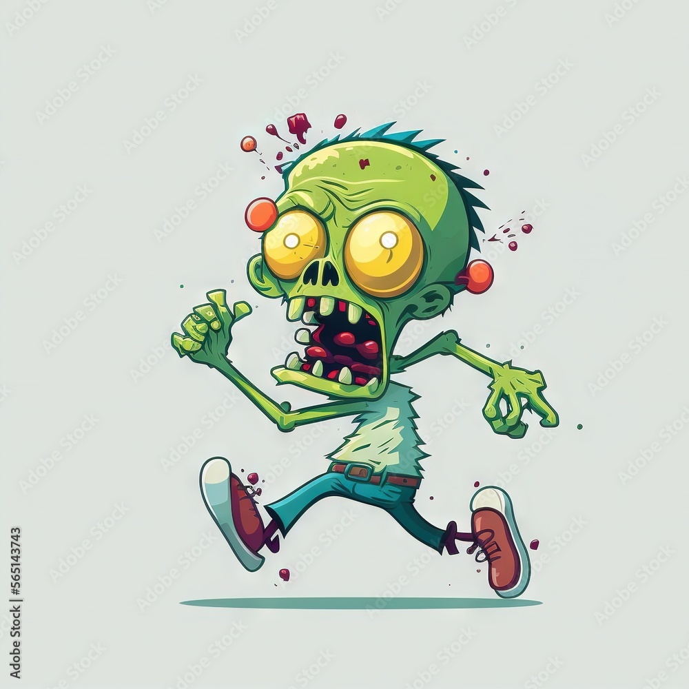 a cartoon zombie running with a red nose and green hair and eyes, with ...