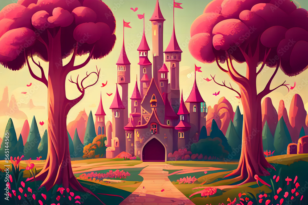 Fairy tale background with a princess castle in the forest. Castle with ...