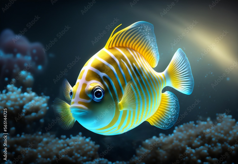 Beautiful yellow fish with white stripes on a sea background close-up ...