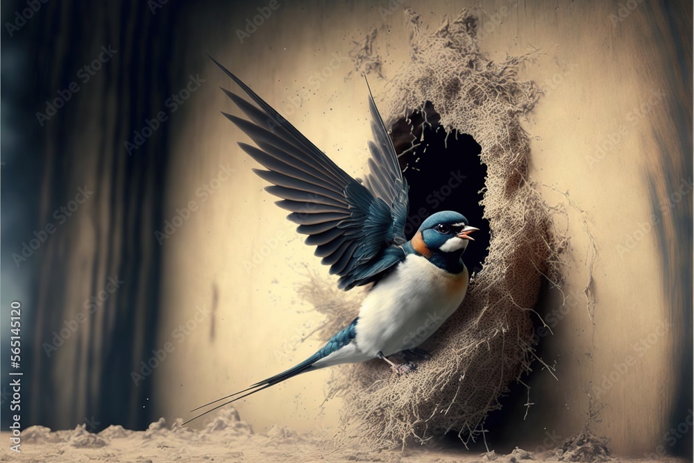 a bird is flying out of a hole in the wall of a building with its wings ...