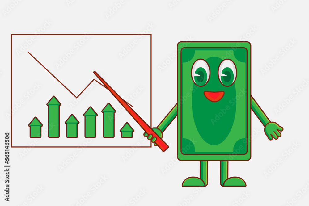 Cartoon banknote shows a graph of finance growth on chalk board with ...