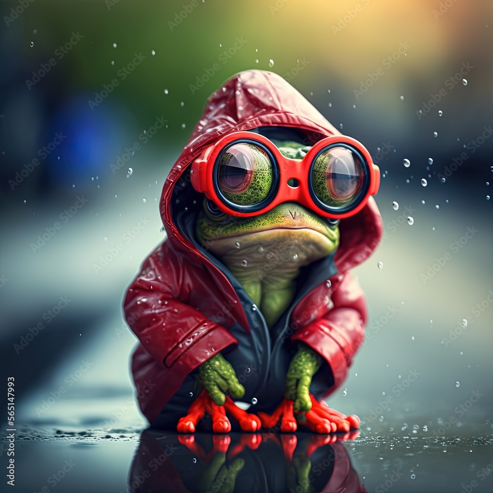 a frog wearing a red raincoat and red goggles sitting on a puddle of ...