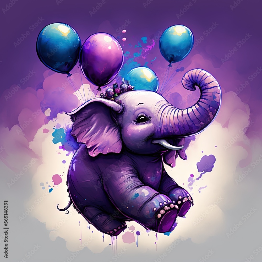 a painting of an elephant with balloons floating in the air on a purple ...