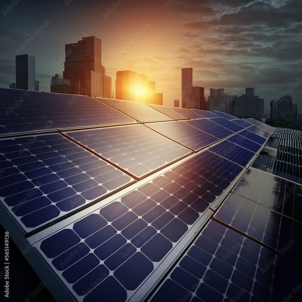 ภาพประกอบสต็อก Instalación de paneles solares en una azotea comercial ...