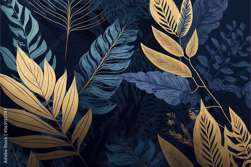 a blue and gold leaf background with gold leaves on it and a dark blue ...