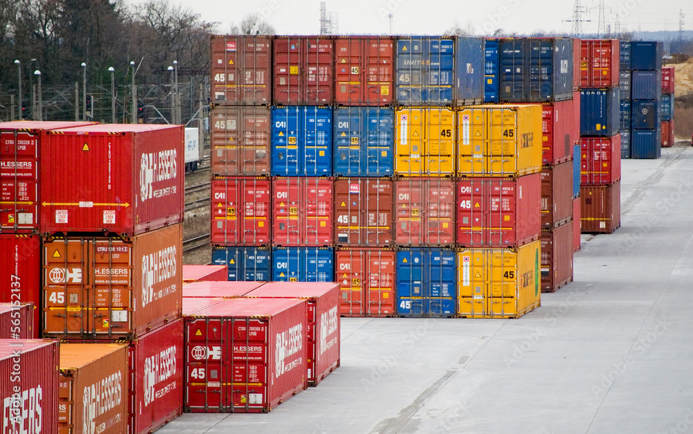 Poznan, Poland - March 2022. Cargo container transshipment lift. Stock ...