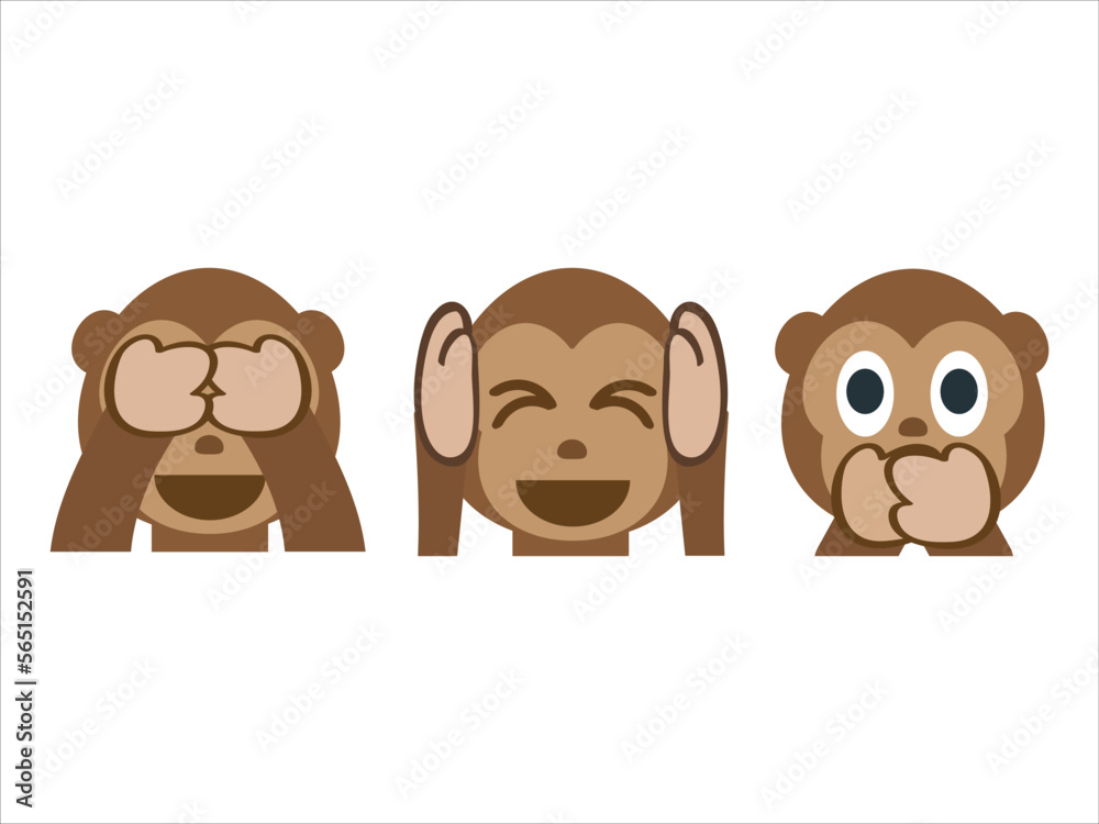 Gandhi's three monkey emoji vector set design. Isolated See-No-Evil Monkey, Hear-No-Evil Monkey ...