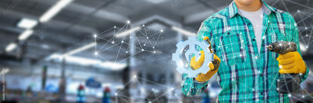 The worker clicks on the icon of well-done work . Stock Photo | Adobe Stock