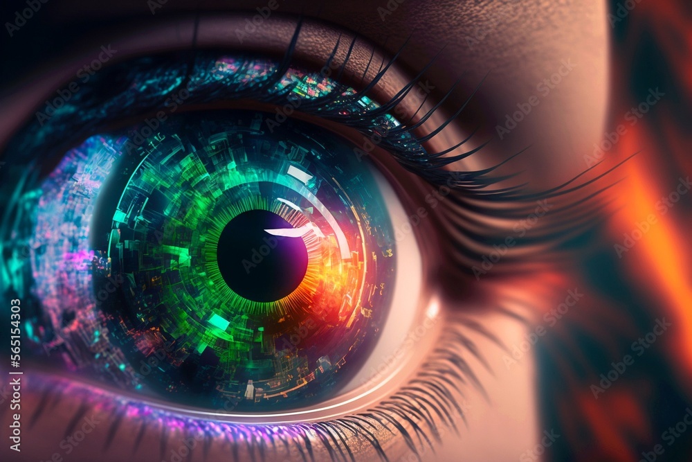 Security access technology as eye scan and viewing digital information. Human eye with scanning ...