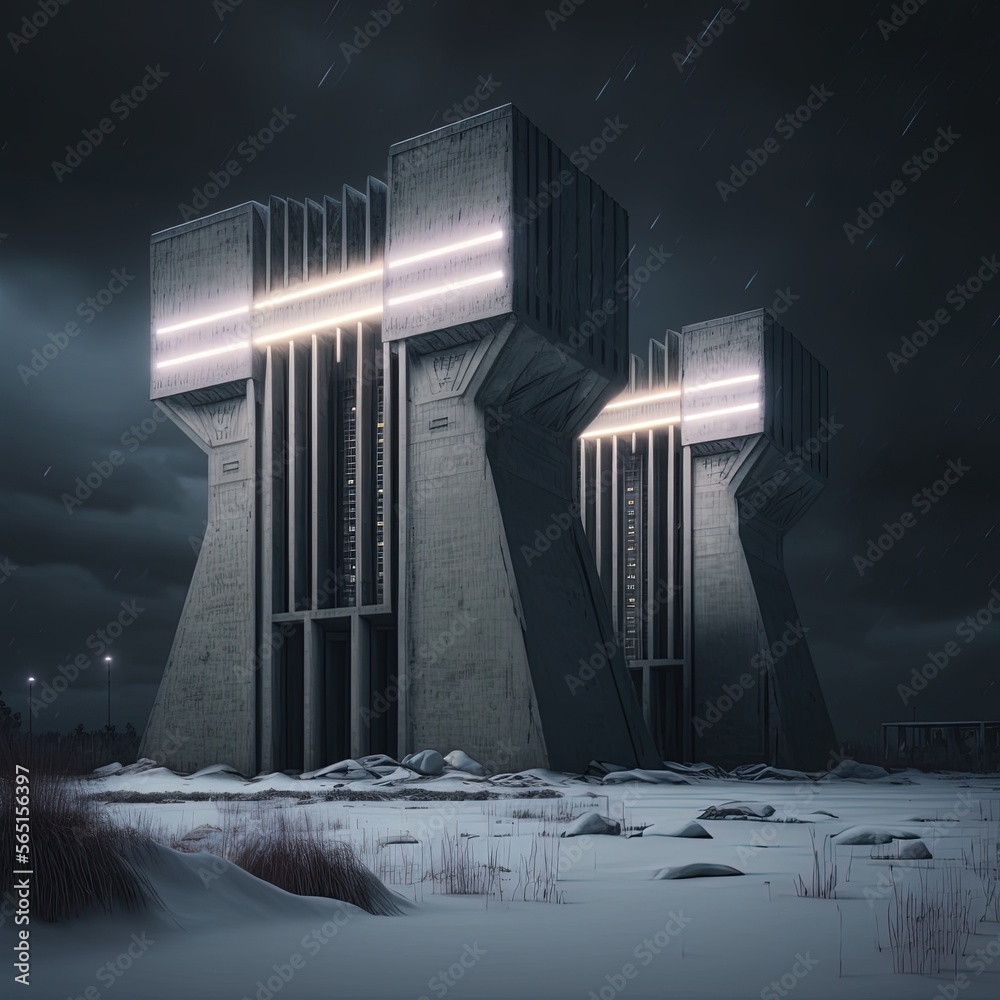 A giant brutalist monolithic concrete tower with neon holographic light ...