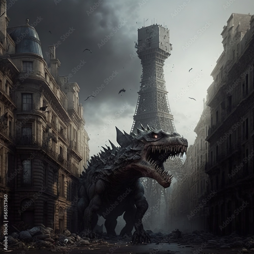 Ruined Paris city with roaming dinosaurs in a post-apocalyptic ...