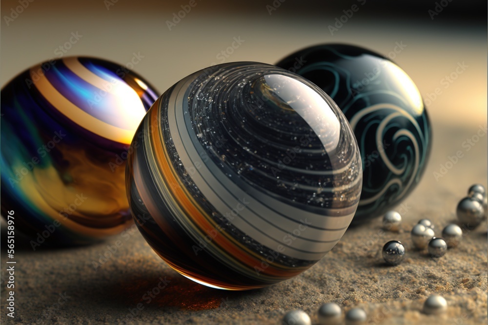 three marbles are shown on a table with balls around them and a black ...