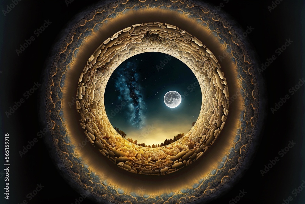 Moonlight night view at a beautiful fantasy unreal landscape. center ...