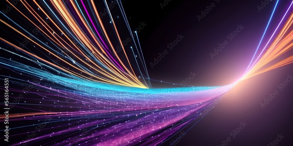 Abstract fiber optic lines with particles colliding, blue pink and ...