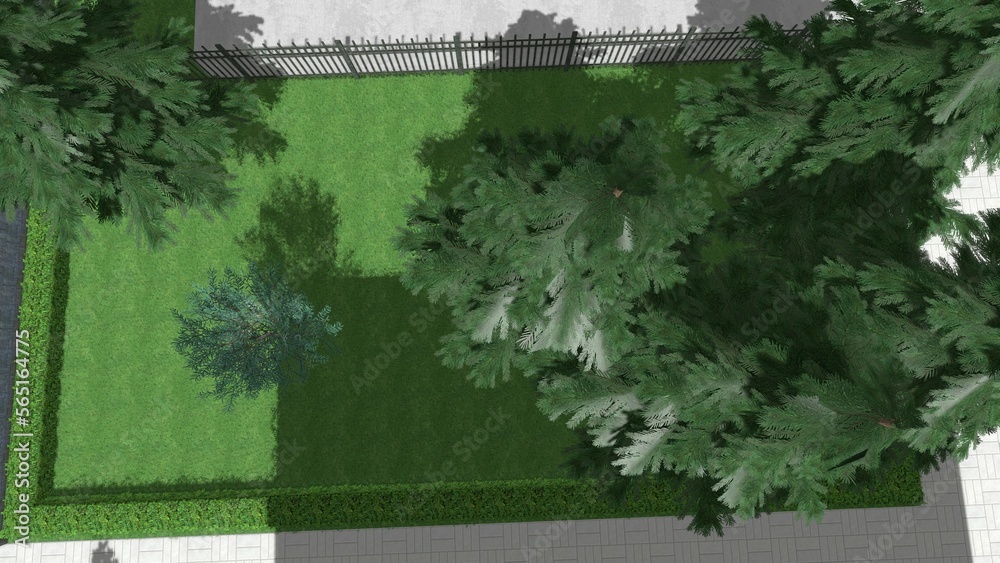 3D illustration of modern patio landscape design. Computer ...