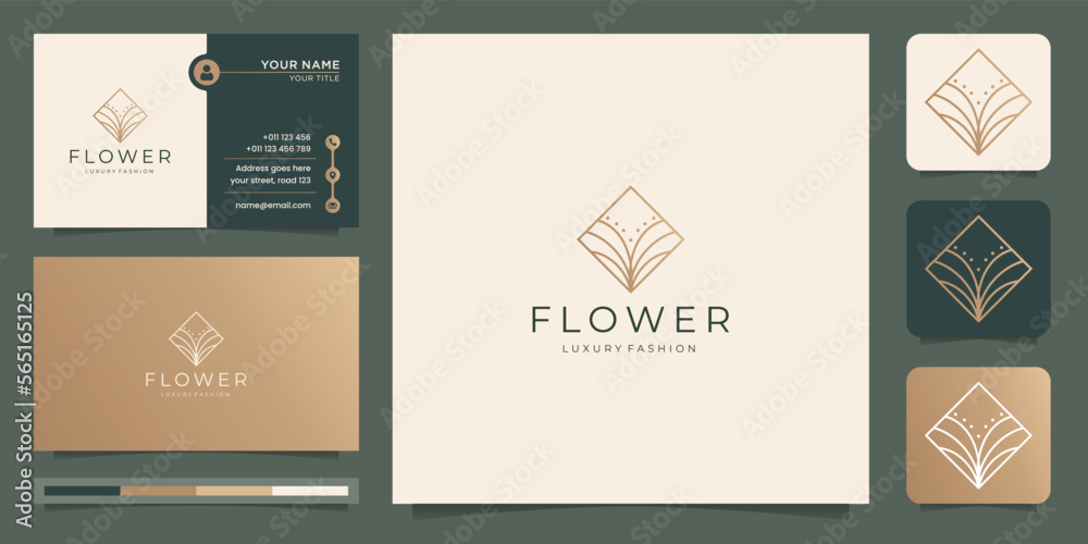 geometric flower logo line style concept in square shape design. gold ...