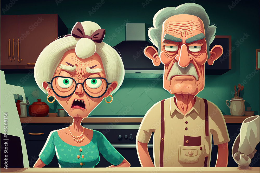 Portrait d'un couple de personnes âgées pas contente dans leur cuisine ...