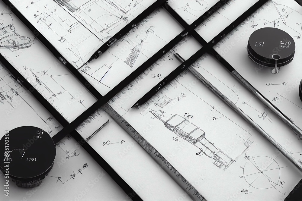 Technical drawings with measure tools. Pencil, measurement. Papers with ...