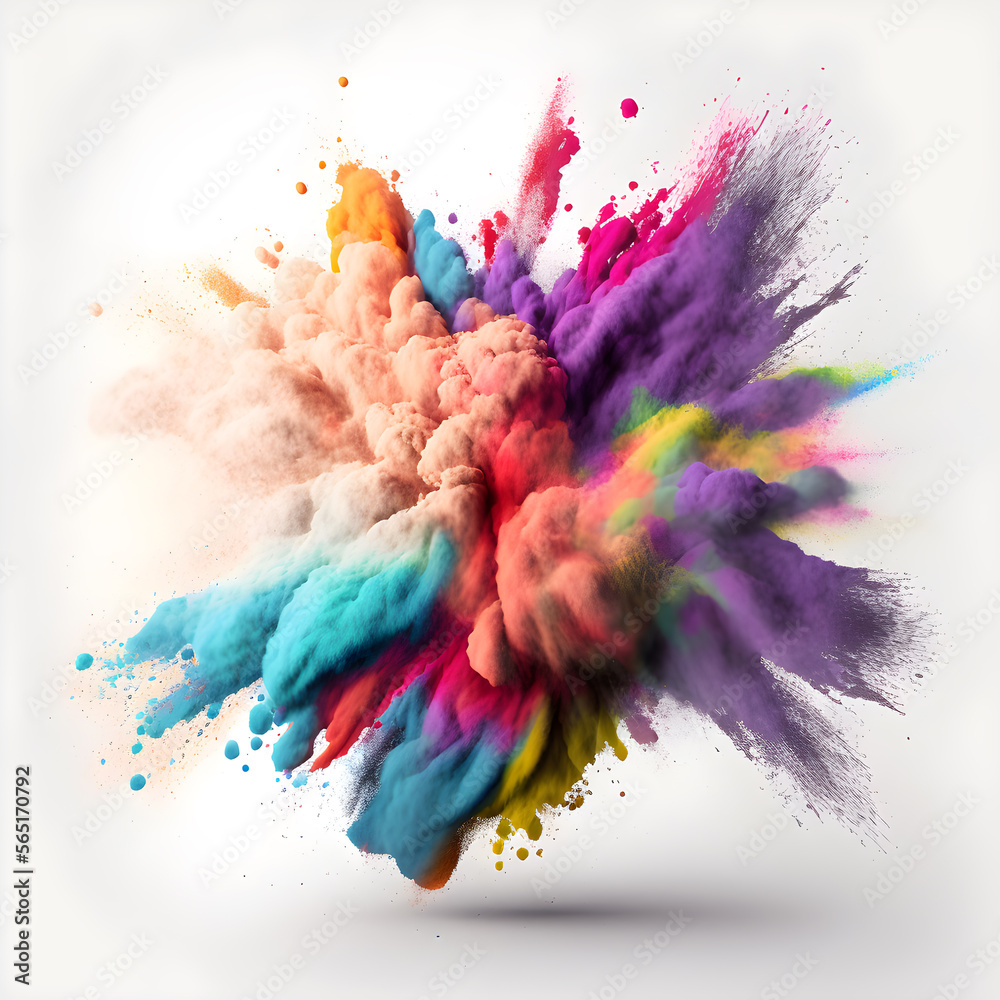Colored powder explosion on white background. Abstract closeup dust on ...