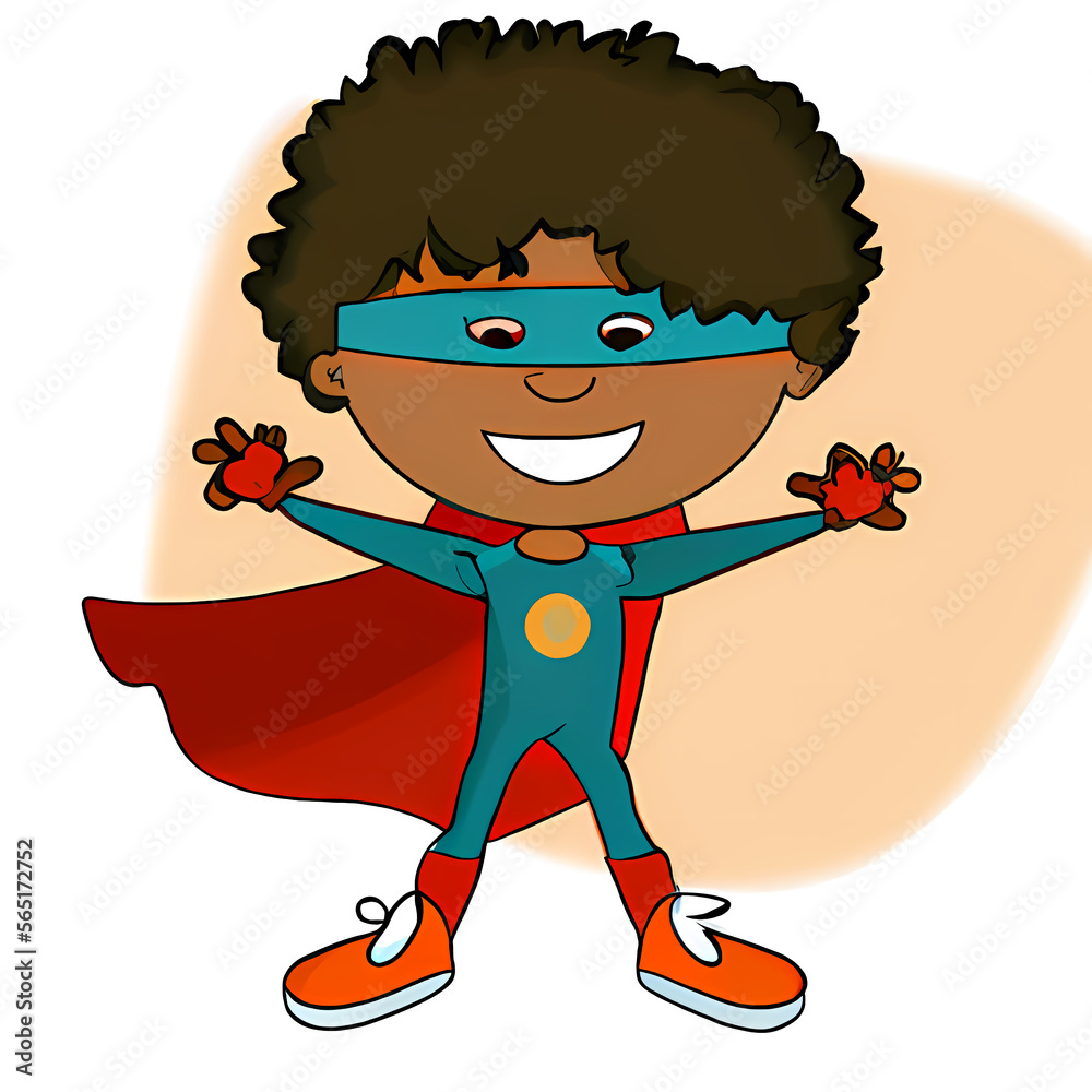 African American Super Hero Kid Cartoon, Black Child Hero with Cape and ...