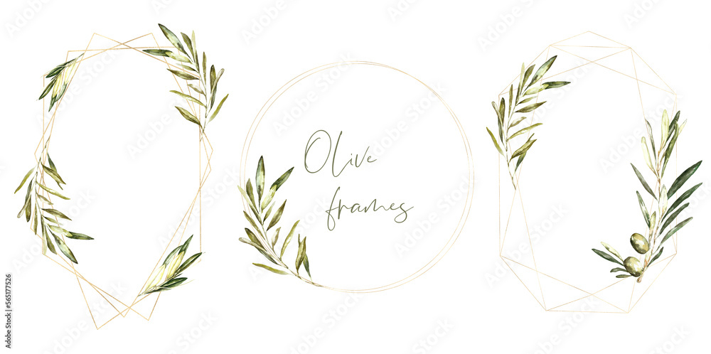 Watercolor greenery olive gold frames set. Polygonal , oval, round ...