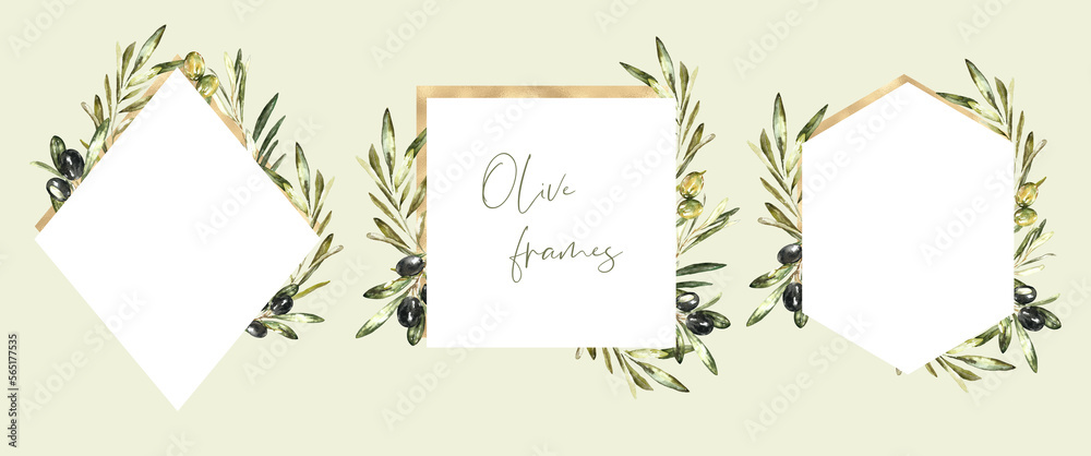 Watercolor greenery olive gold frames set. Polygonal , oval, round ...