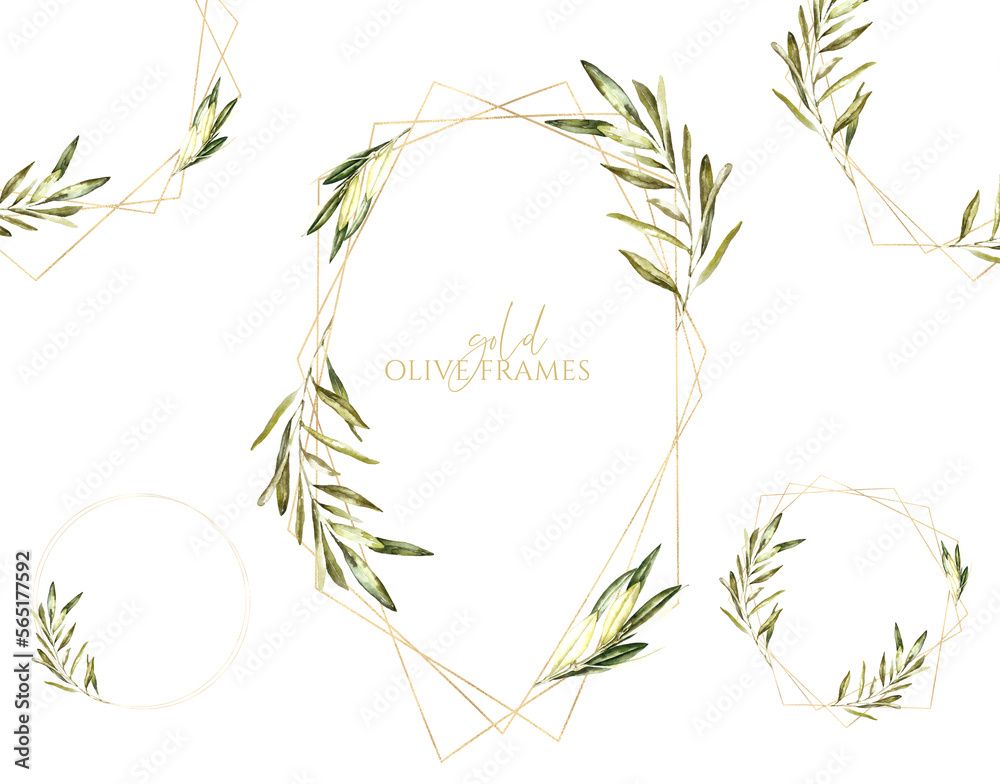 Watercolor green olive gold frames set. Polygonal , oval, round ...