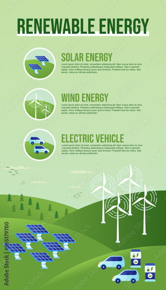 Colorful vector illustration showcasing various renewable energy ...