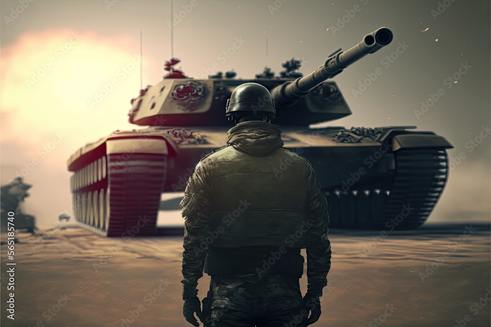 Illustration of an army man in front of a tank - Created with ...