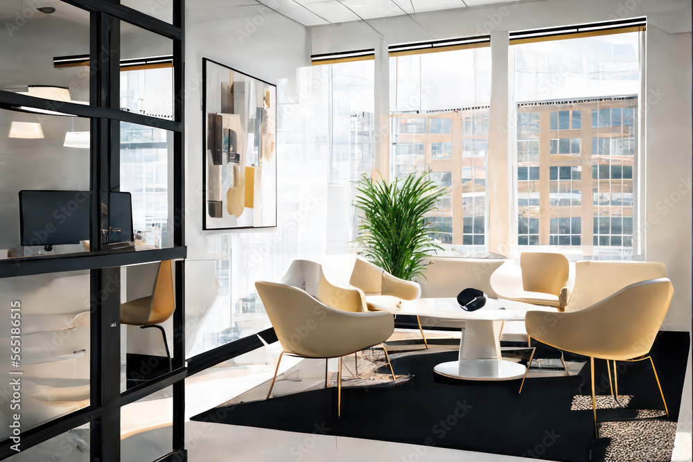 Bright, modern office design with sleek furnishings and decor, window ...