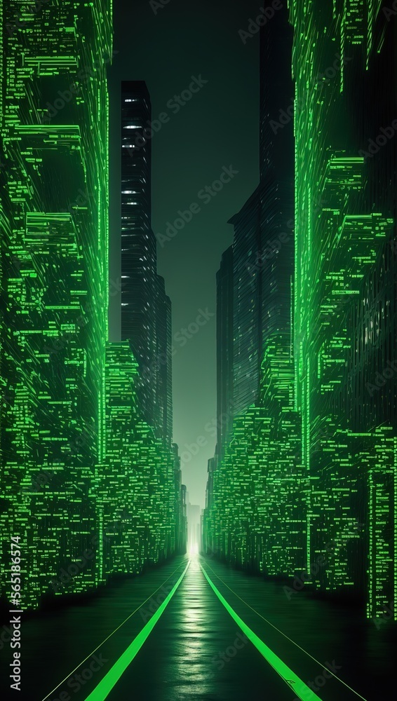 city street with tall buildings on both sides. Matrix city. Futuristic ...