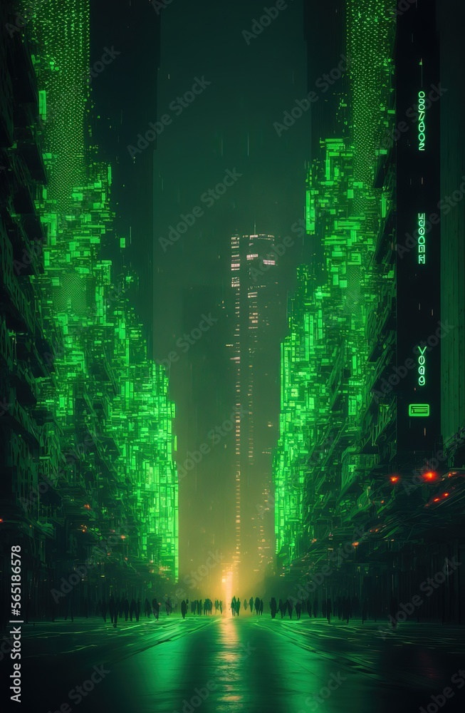 city street with tall buildings on both sides. Matrix city. Futuristic ...