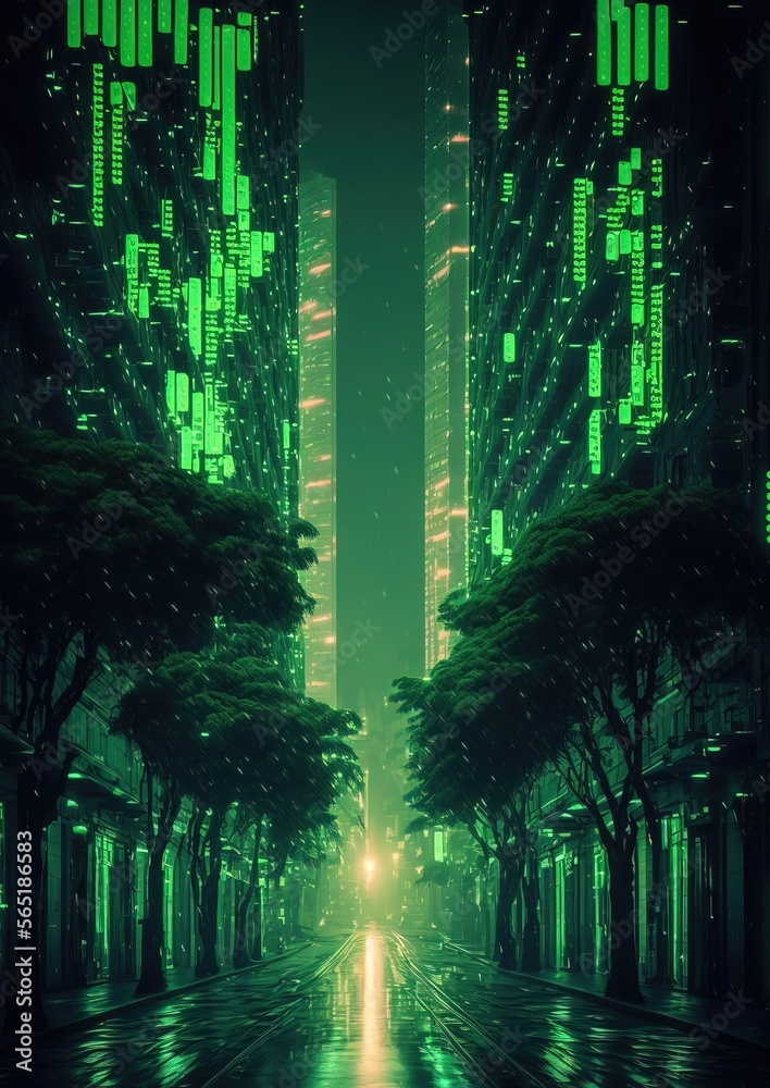 city street with tall buildings on both sides. Matrix city. Futuristic ...